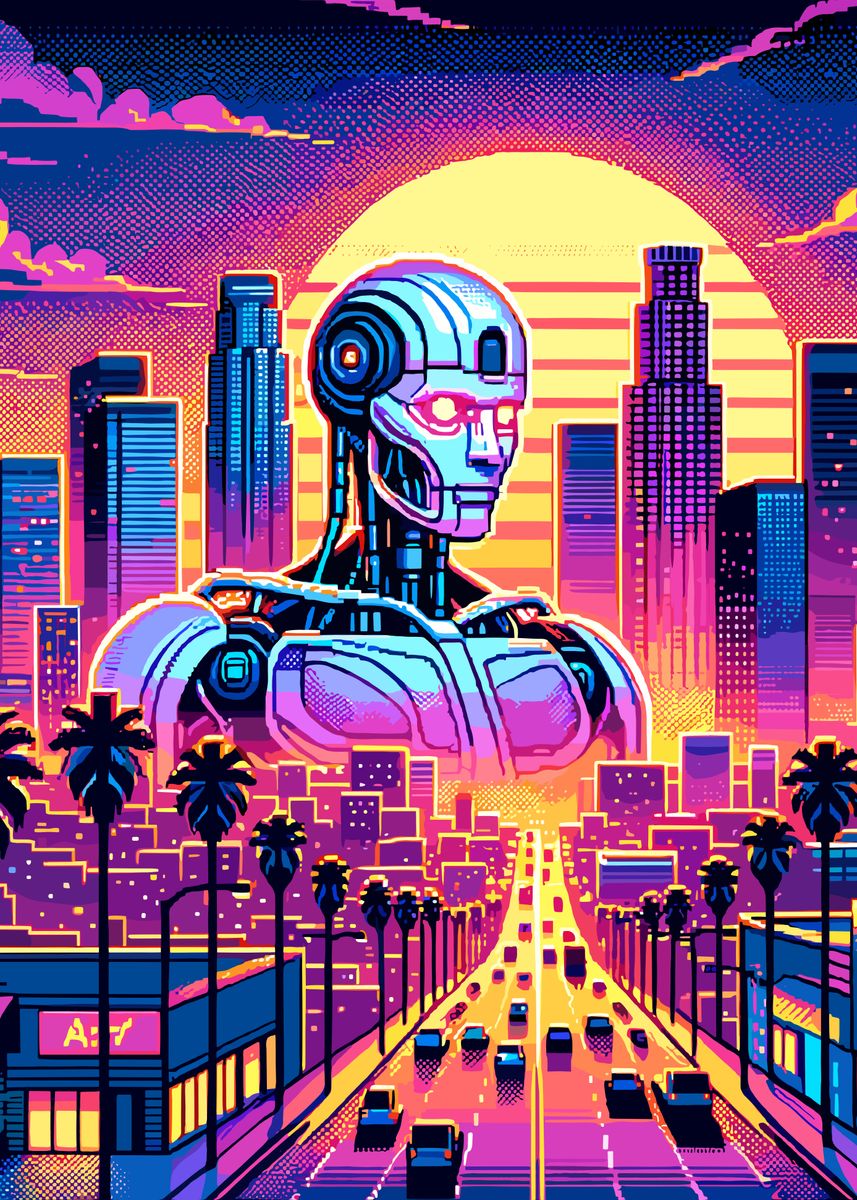 'Cyberpunk Cityscape Cyborg Pixel Art' Poster, picture, metal print ...
