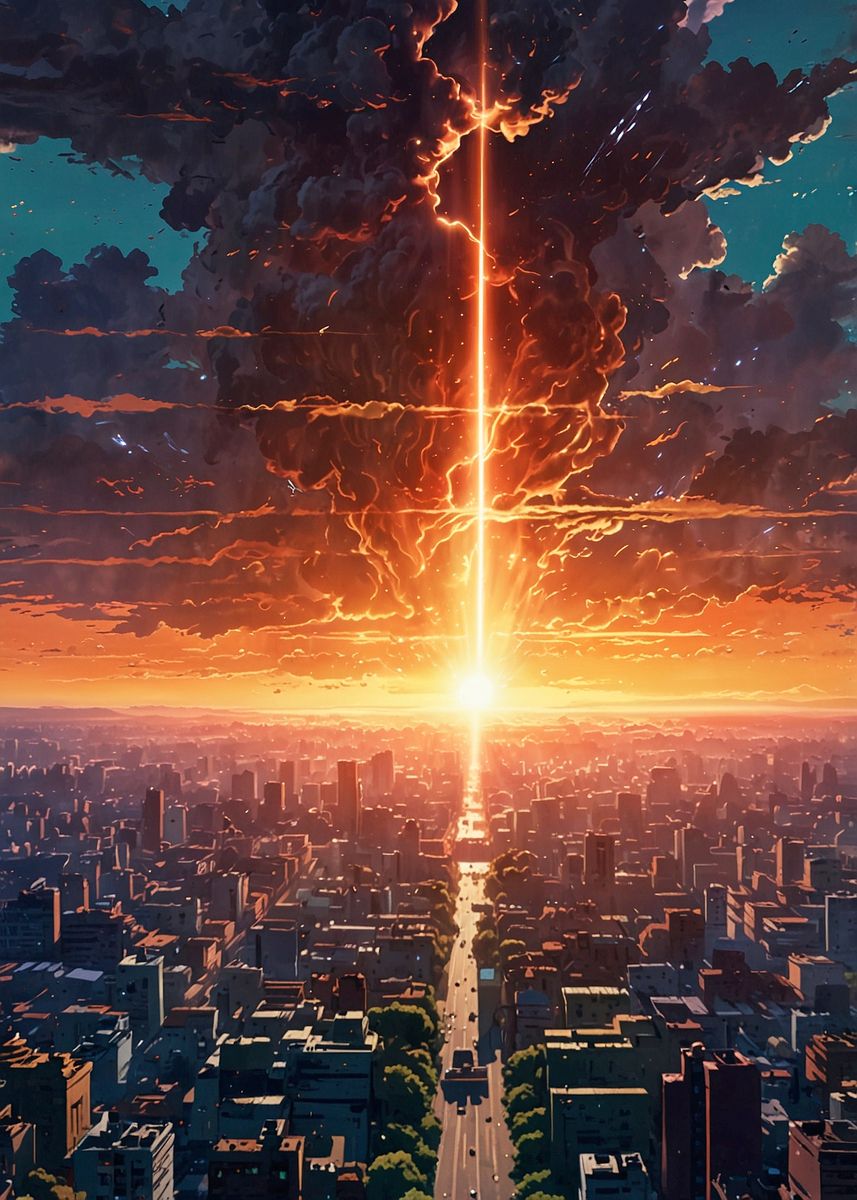 'Cityscape Sunset with Light Beam' Poster, picture, metal print, paint ...