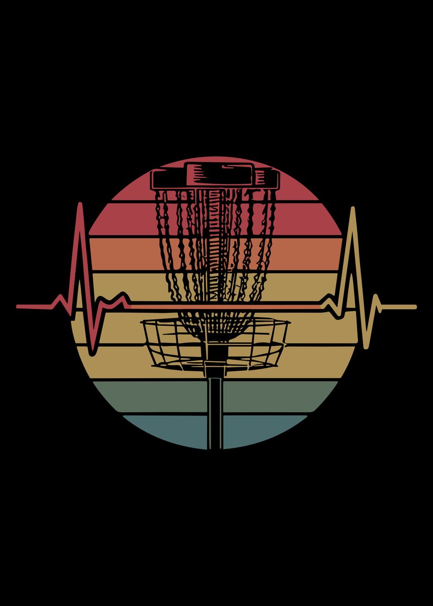 'vintage retro sunset Disc Golf basket Heartbeat frolf graphic' Poster ...