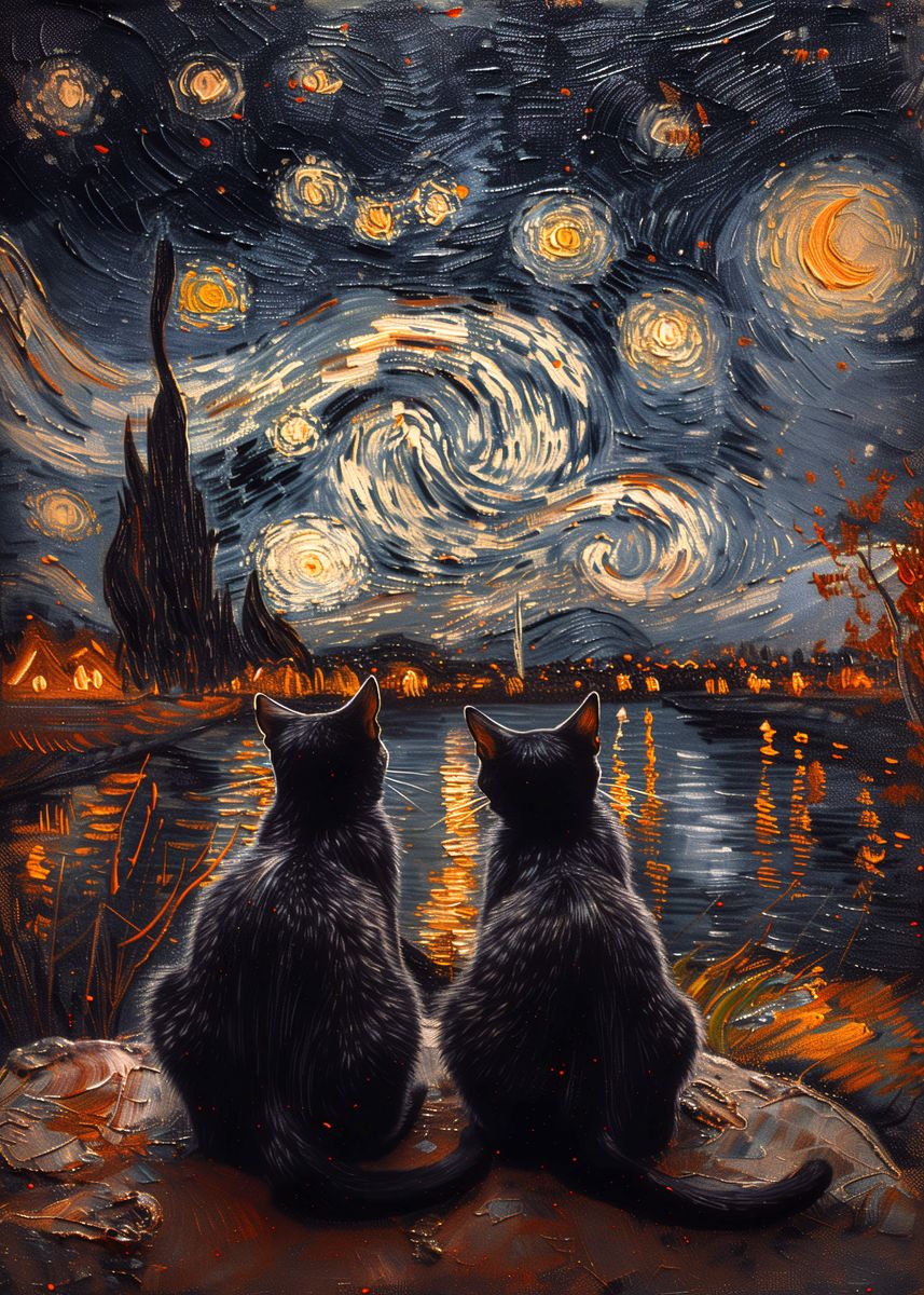 'The Starry Night Cats' Poster, picture, metal print, paint by ...
