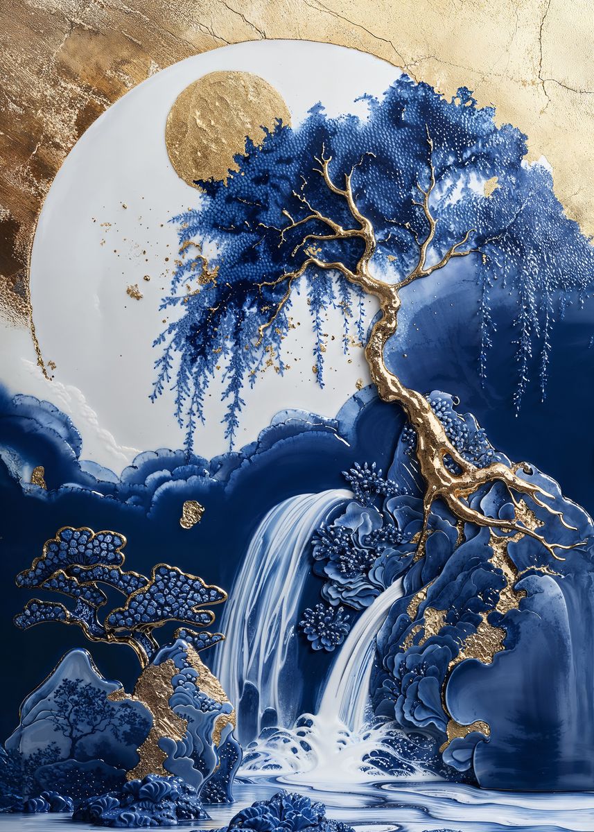 'Moonlit Willow Harmony ' Poster, picture, metal print, paint by Pixaverse | Displate