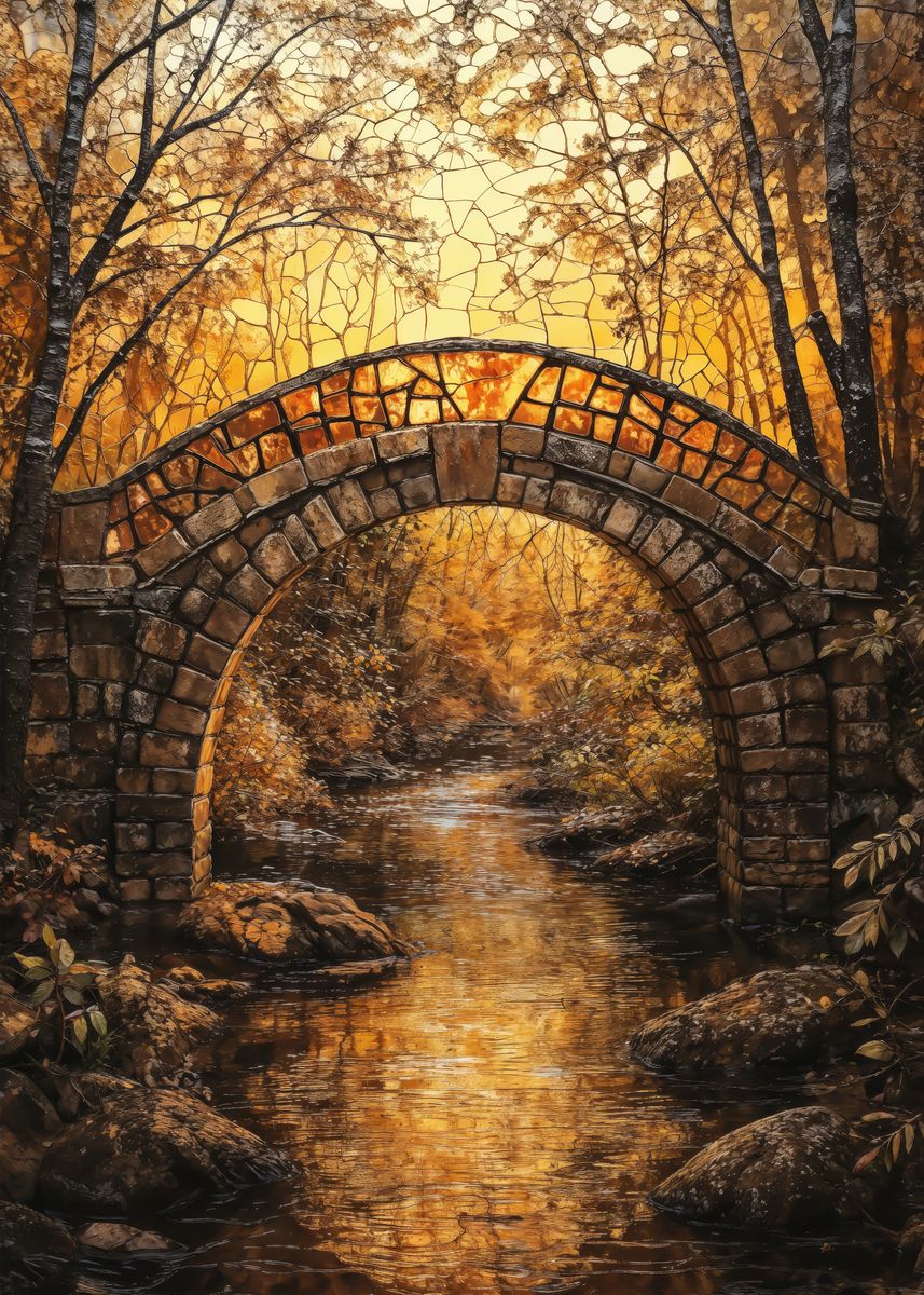 'Stone Bridge Autumn Forest' Poster, picture, metal print, paint by in ...