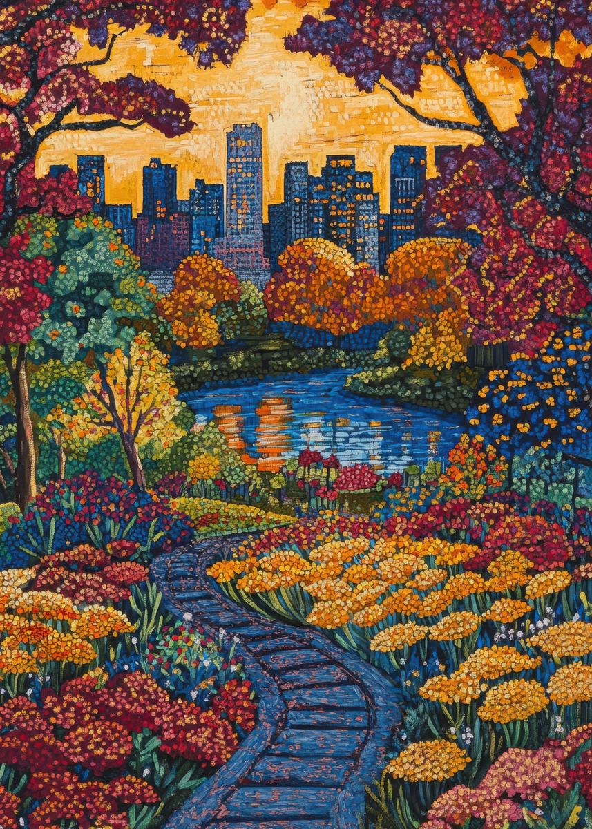 'Cityscape Park Painting, Autumn Season Trees Florals Garden Pathway ...