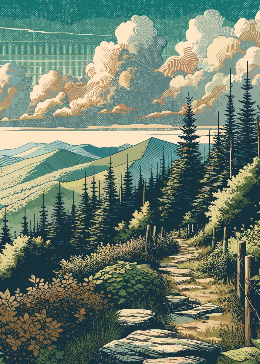 'Mountain Trail Landscape' Poster, picture, metal print, paint by Ray ...