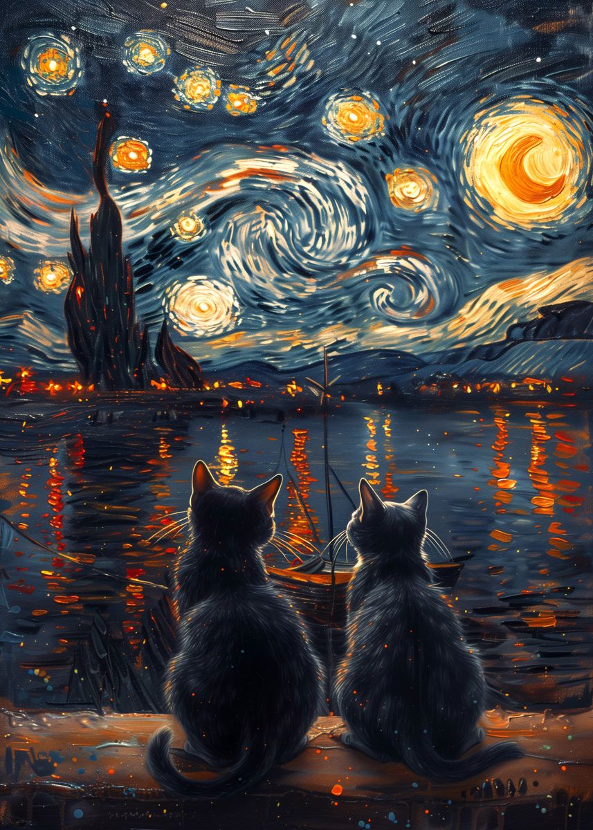 'Starry Night Cats' Poster, picture, metal print, paint by ...