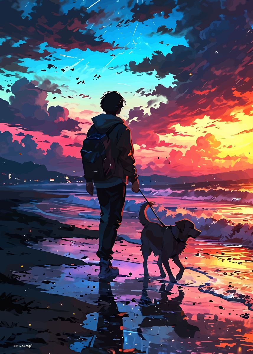 'Anime Sunset Walk' Poster, picture, metal print, paint by | Displate