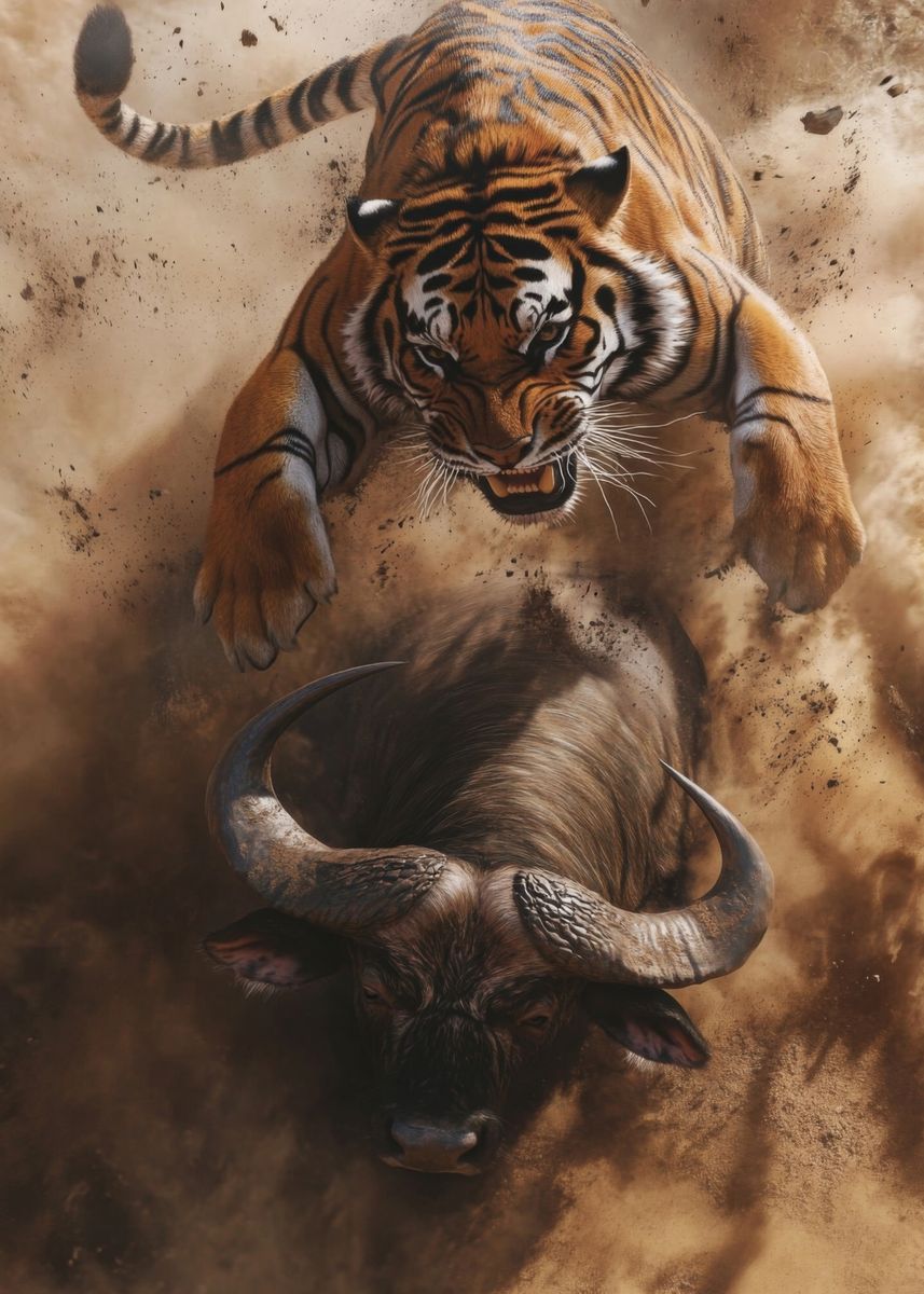 'Tiger Attacking Buffalo' Poster, picture, metal print, paint by ...