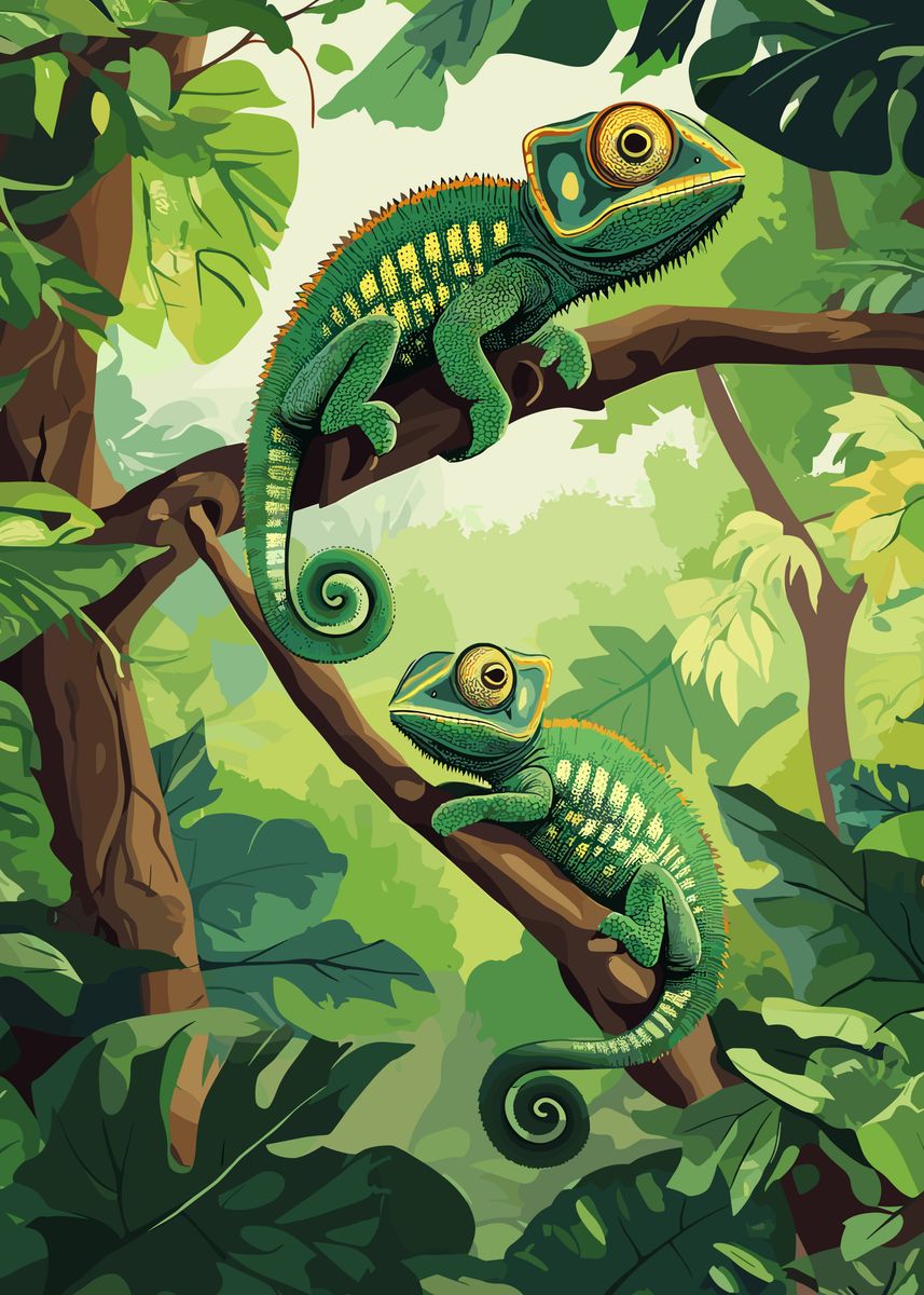 'Chameleons in the Jungle' Poster, picture, metal print, paint by ...