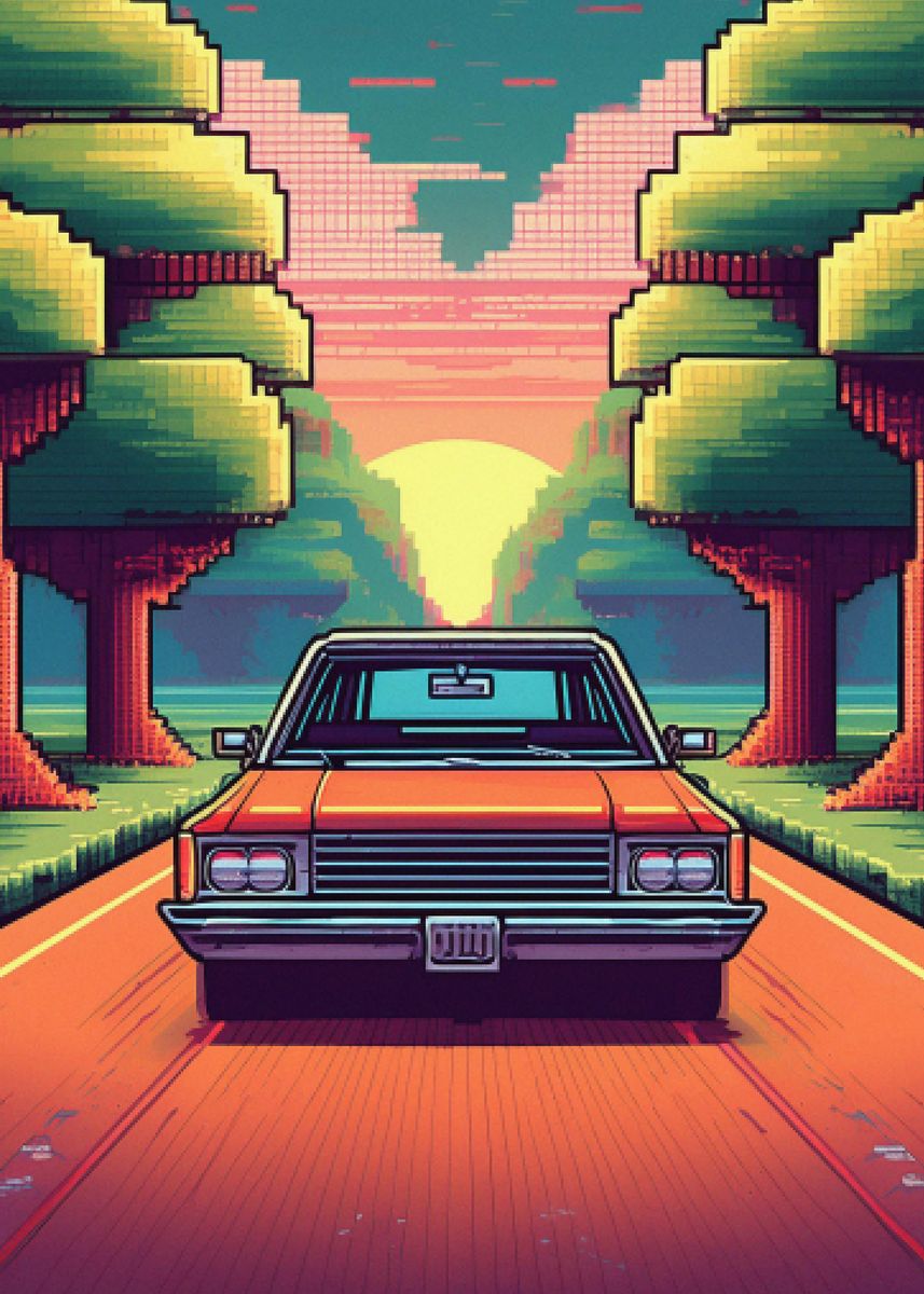 'Pixelated Sunset Drive' Poster, picture, metal print, paint by ...
