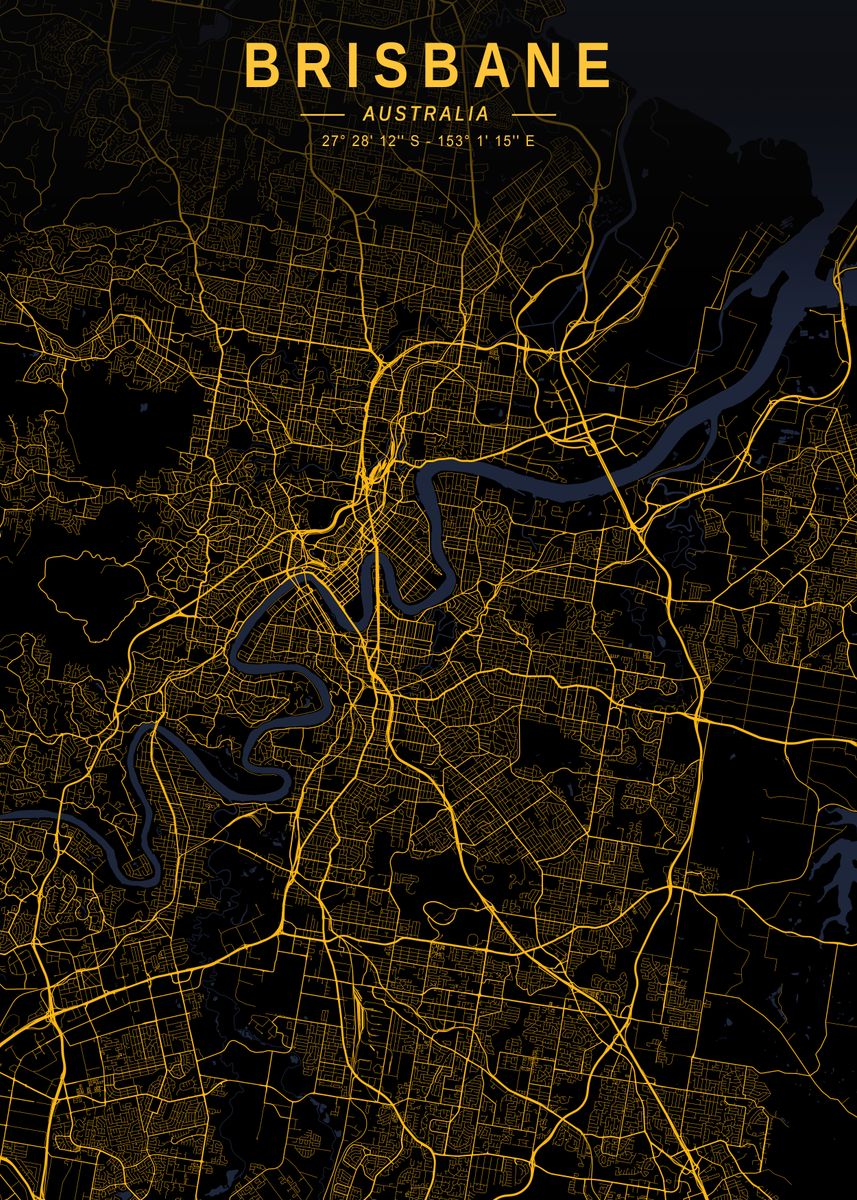 'Brisbane Golden City Map' Poster, picture, metal print, paint by ...