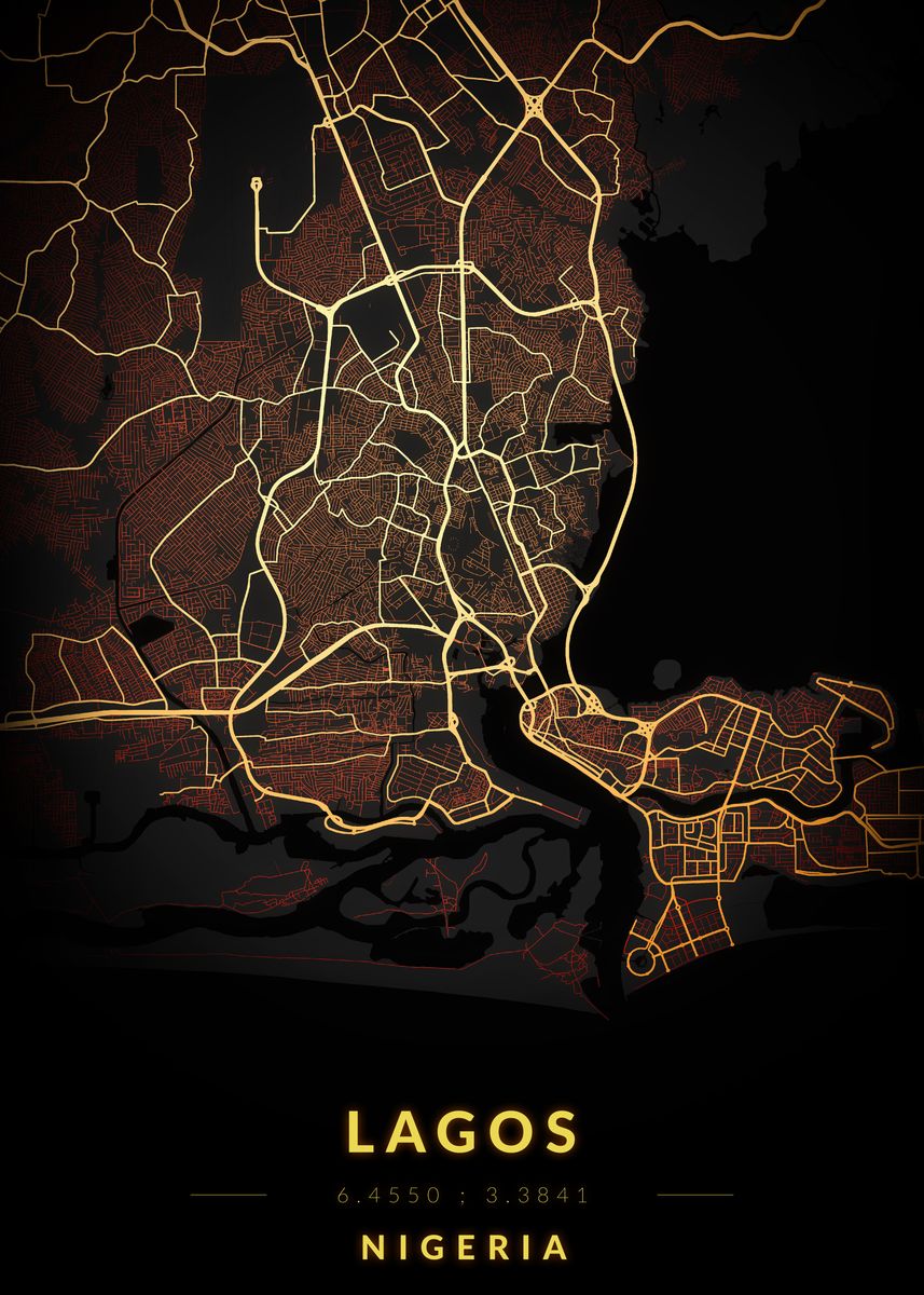 'Lagos City Map' Poster, picture, metal print, paint by Jerhus | Displate