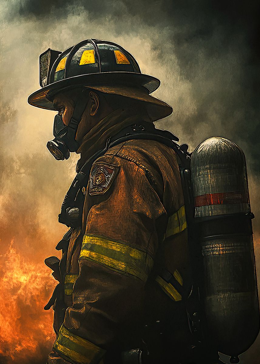 'Firefighter in Smoke' Poster, picture, metal print, paint by | Displate