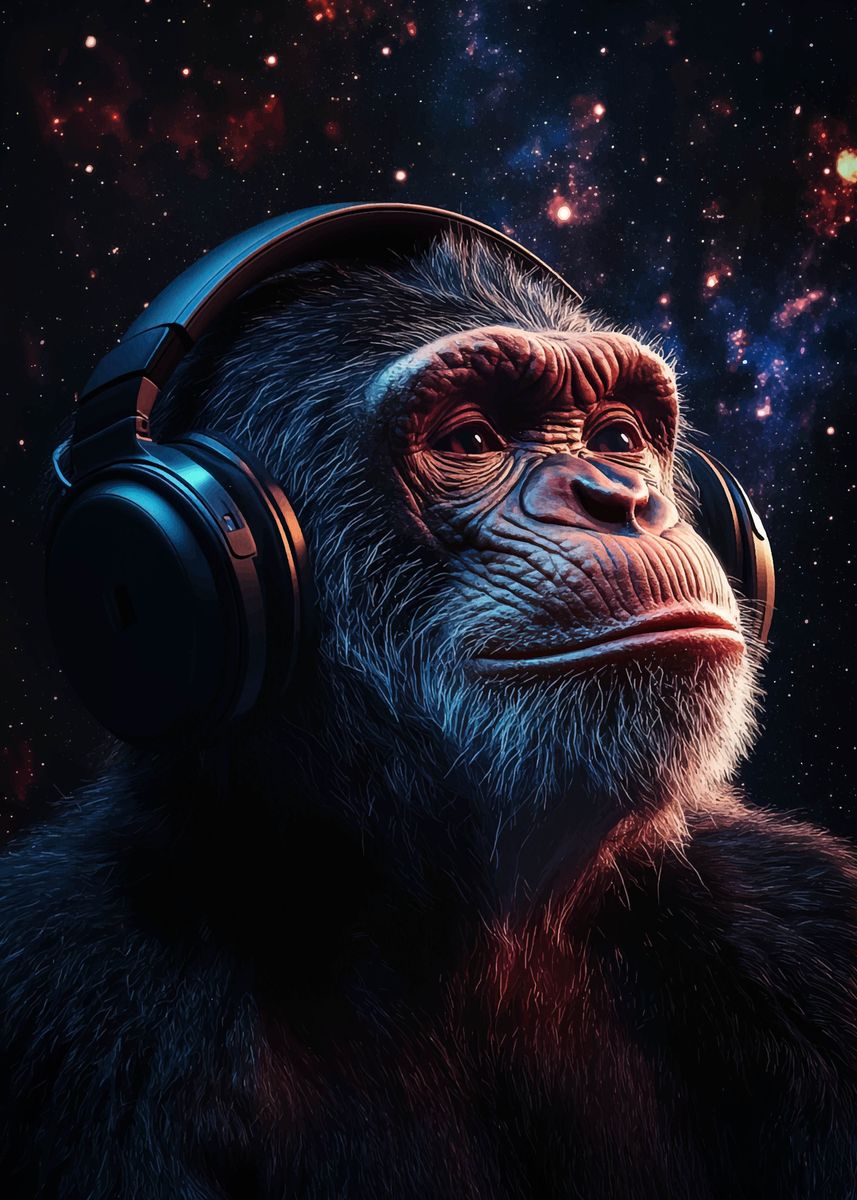 'Chimpanzee Listening to Music' Poster, picture, metal print, paint by ...
