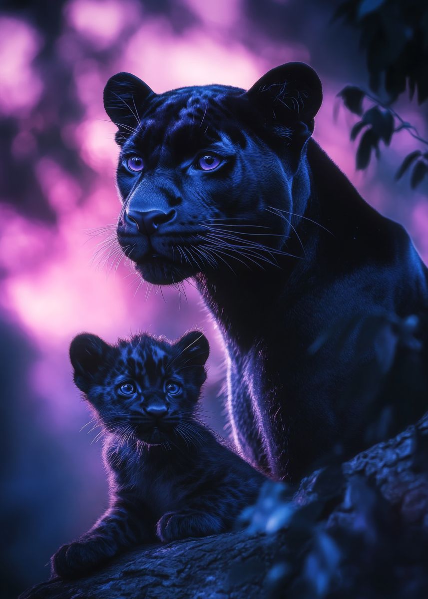 'Black Panther and Cub' Poster, picture, metal print, paint by Oliver ...