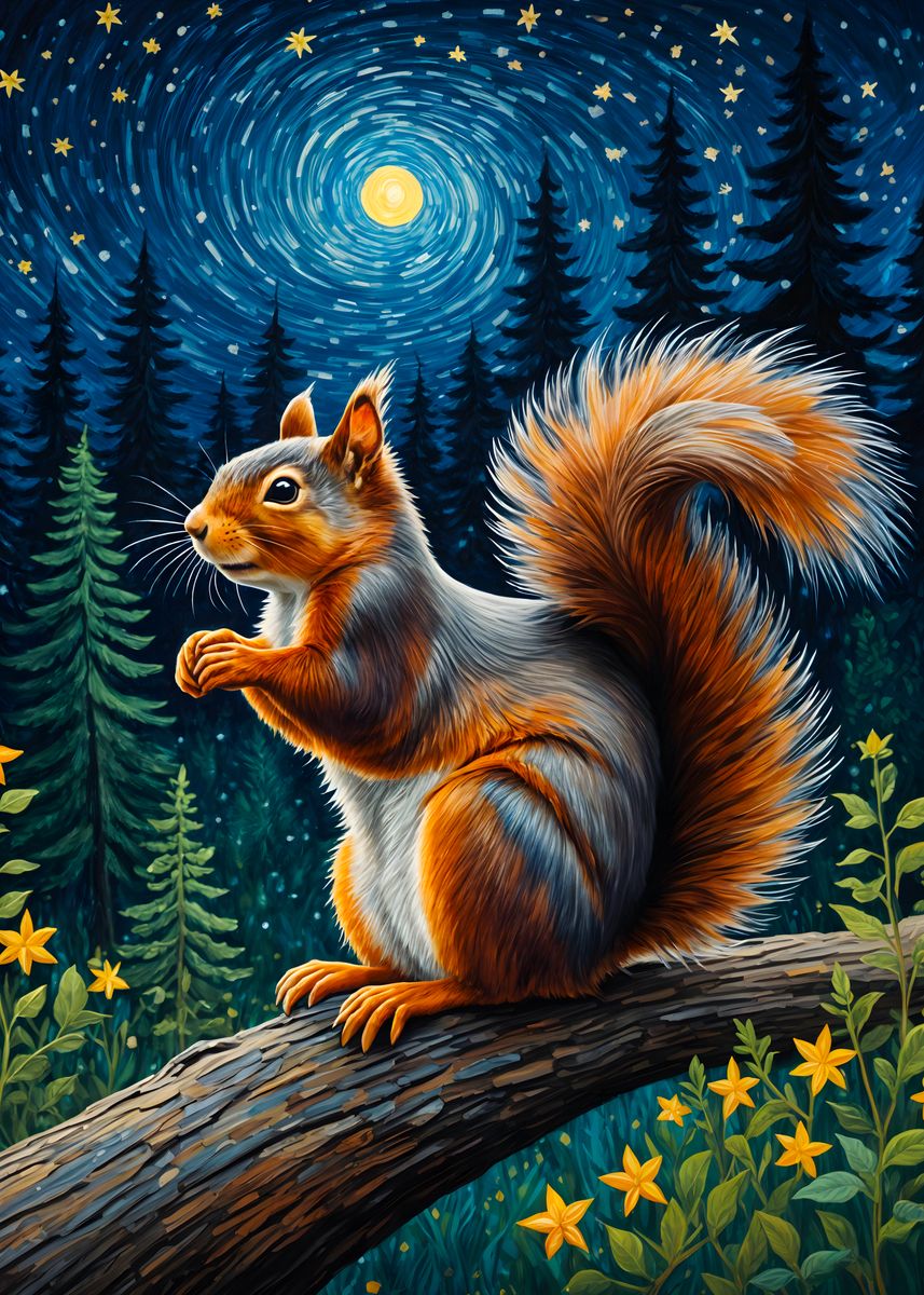 'Squirrel Starry Night' Poster, picture, metal print, paint by Yushiroe ...