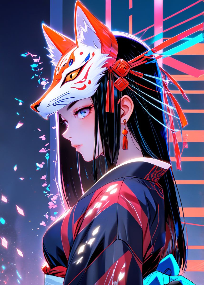 'Anime Girl with Fox Mask' Poster, picture, metal print, paint by ...