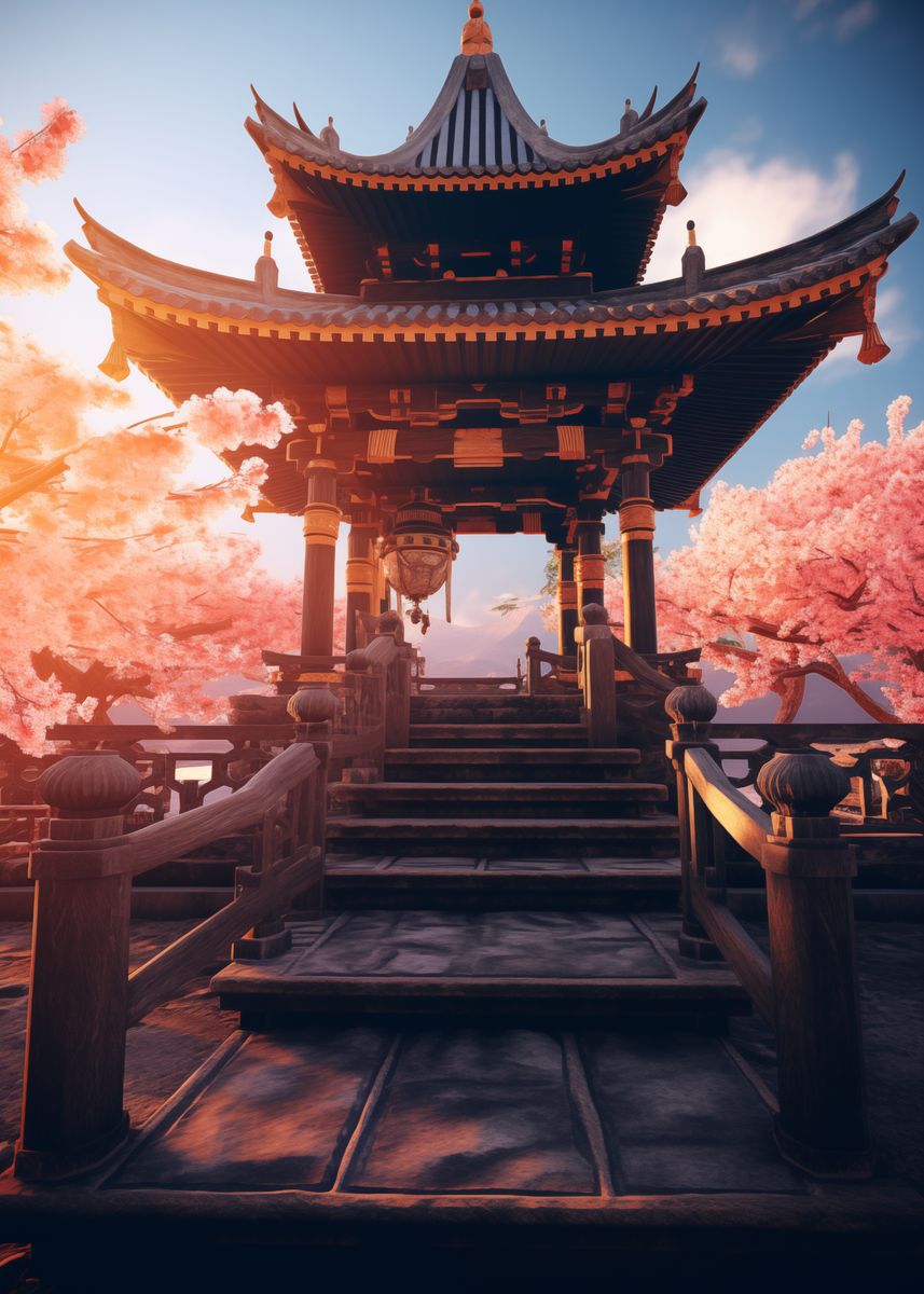 'Japanese Temple Sunset' Poster, picture, metal print, paint by Hubs ...
