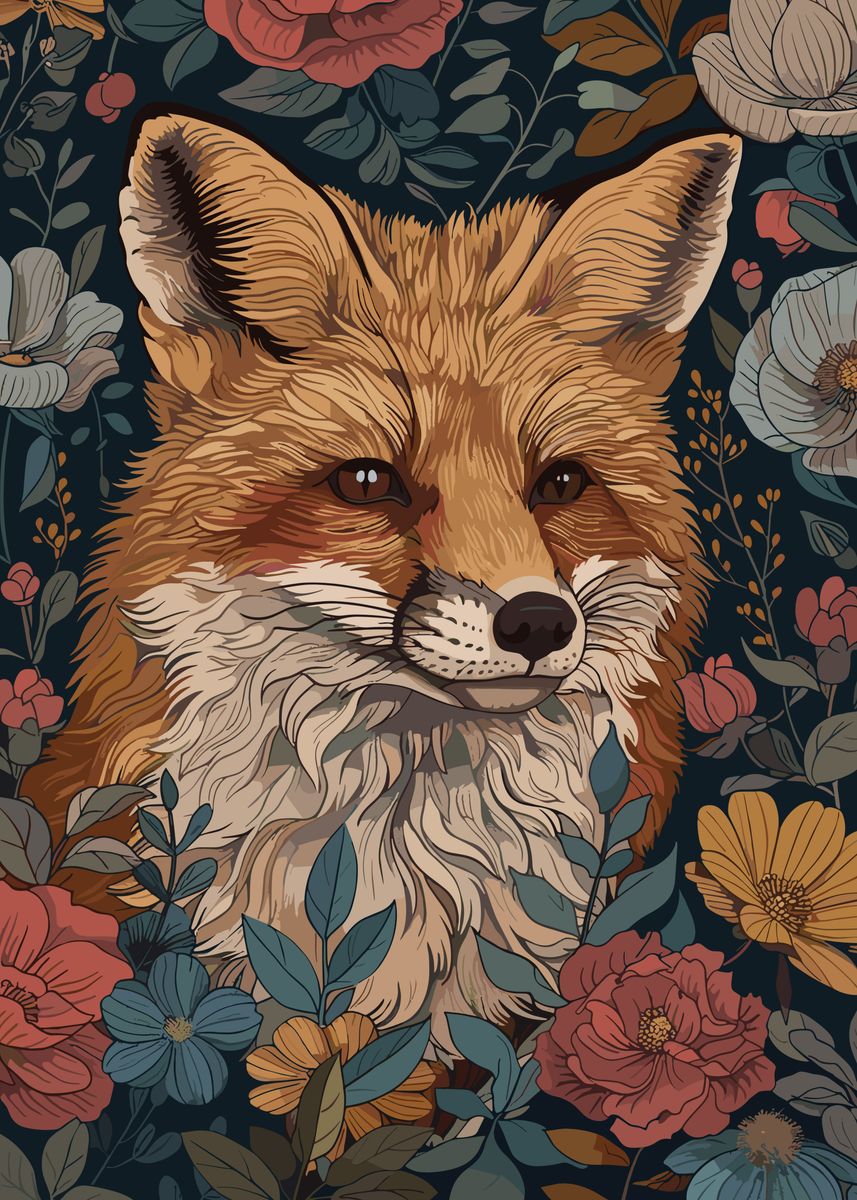 'Fox in Bloom' Poster, picture, metal print, paint by Kai Tanaka | Displate