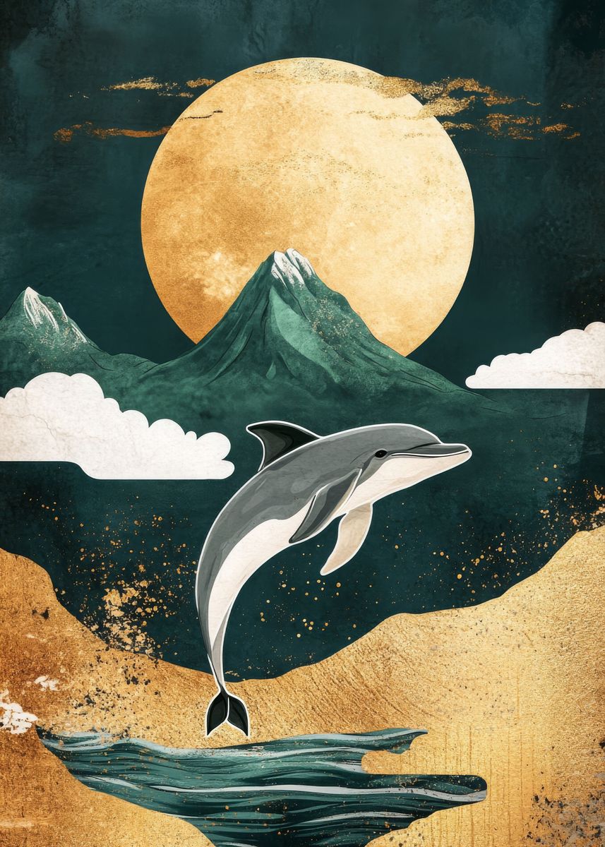 'Dolphin Leap Under Moon' Poster, picture, metal print, paint by Doni ...