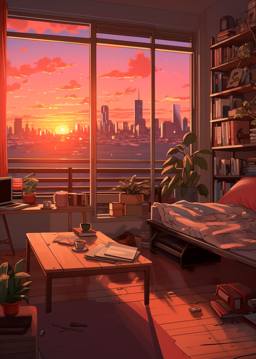 'Lofi Sunset Cityscape Room' Poster, picture, metal print, paint by ...