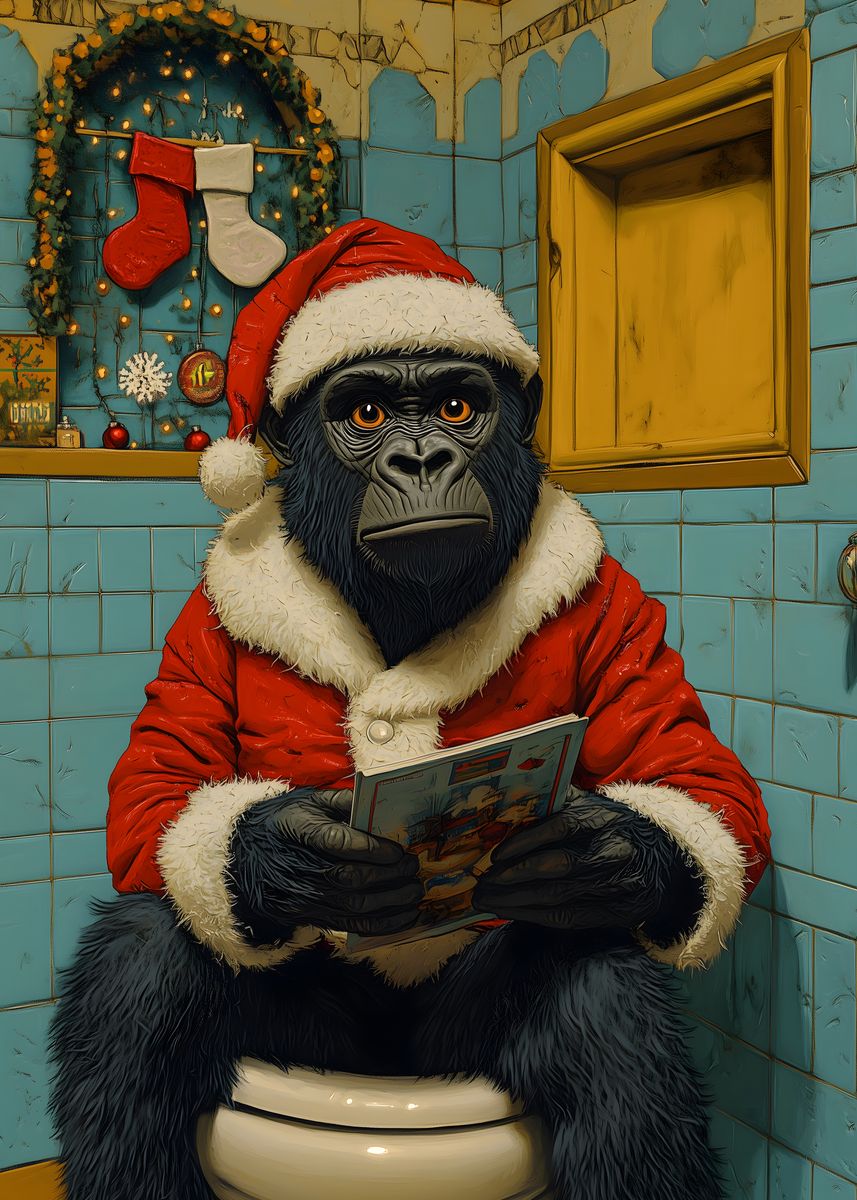 'Gorilla Santa on Toilet Christmas' Poster, picture, metal print, paint ...