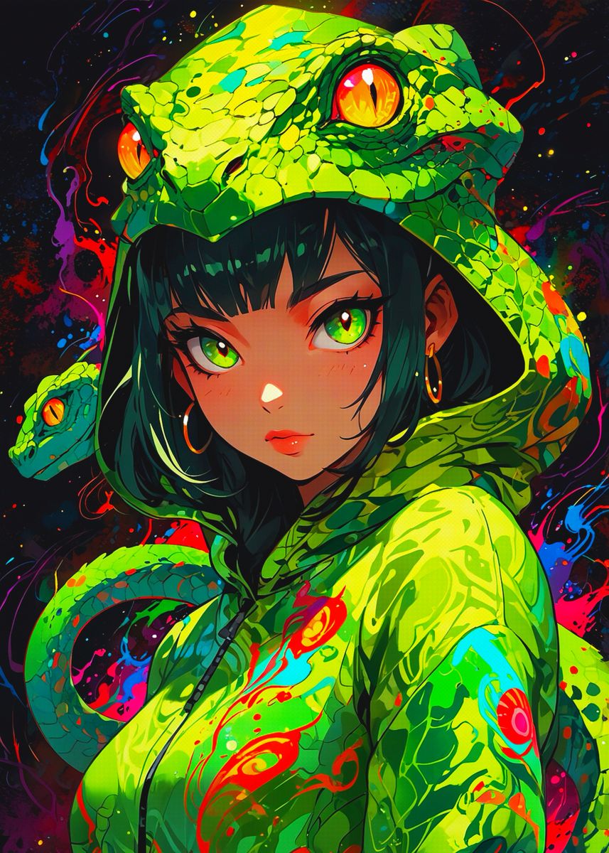 'Anime Girl with Snake Hoodie' Poster, picture, metal print, paint by ...