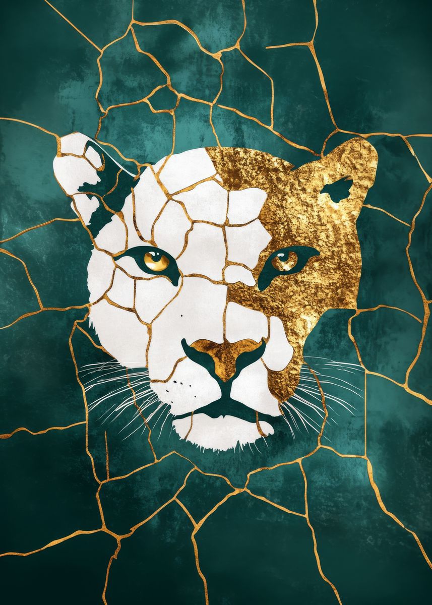 'Gold & Teal Lion Portrait' Poster, picture, metal print, paint by Doni ...