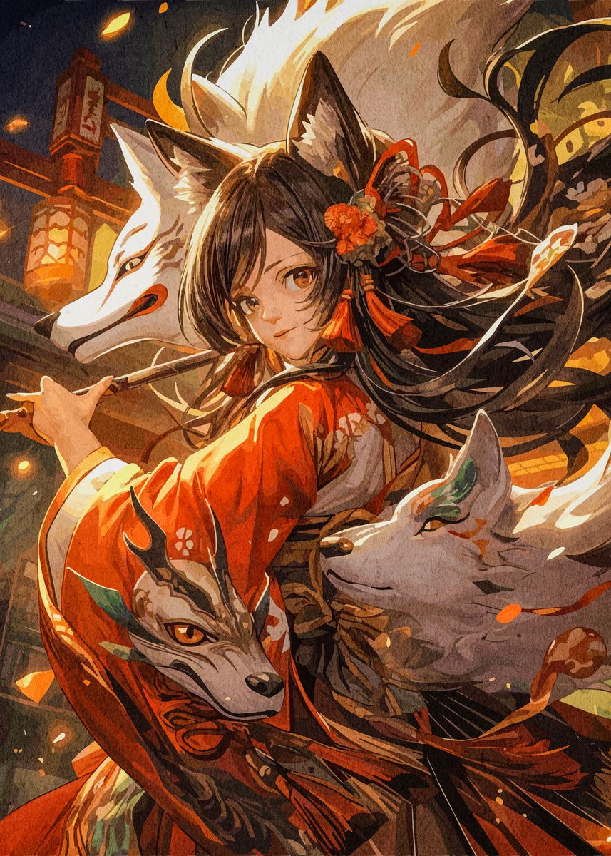 'Kitsune Girl Masks' Poster, picture, metal print, paint by Felicia Bradley | Displate