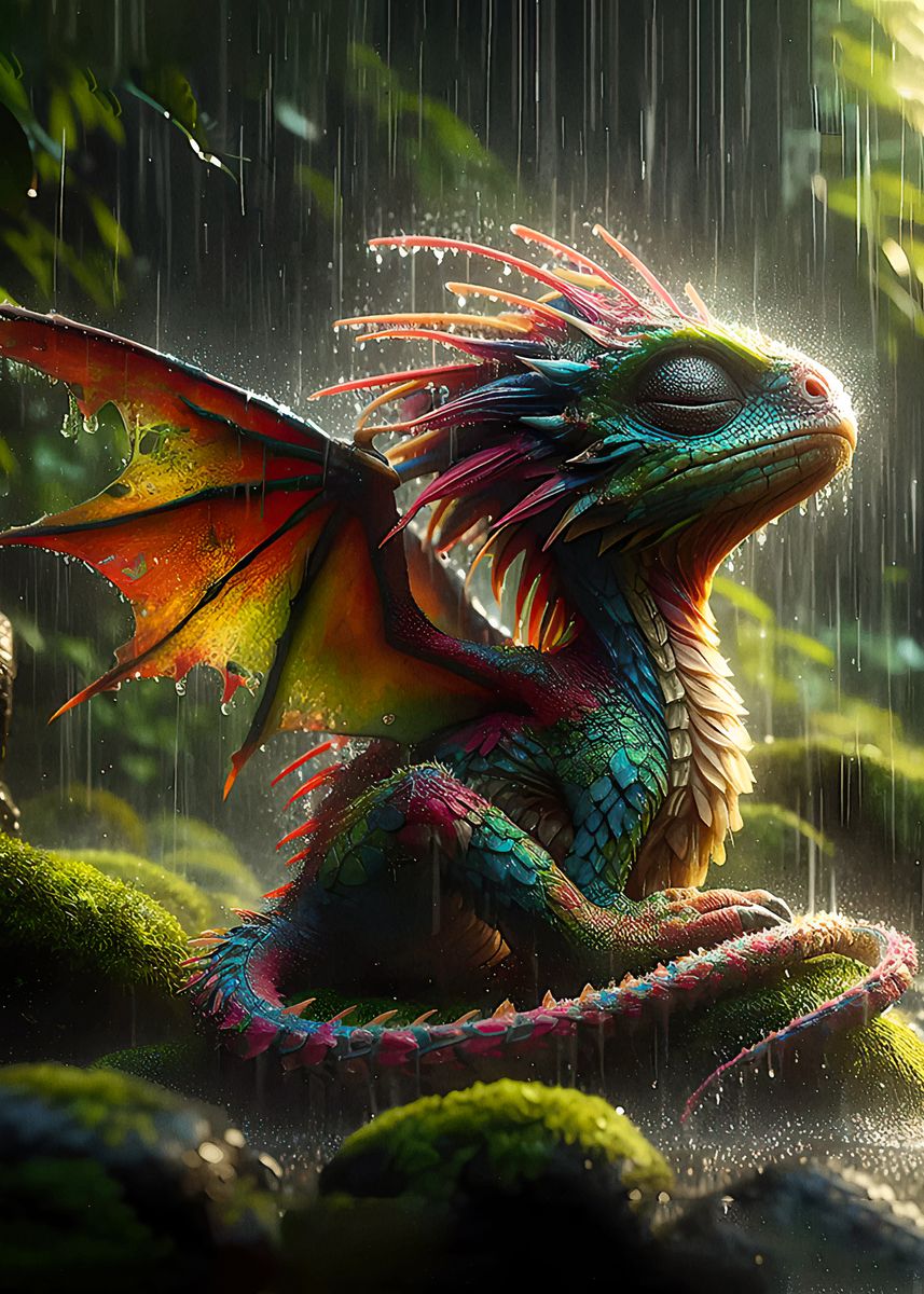 'Rainbow Dragon in Rain' Poster, picture, metal print, paint by | Displate