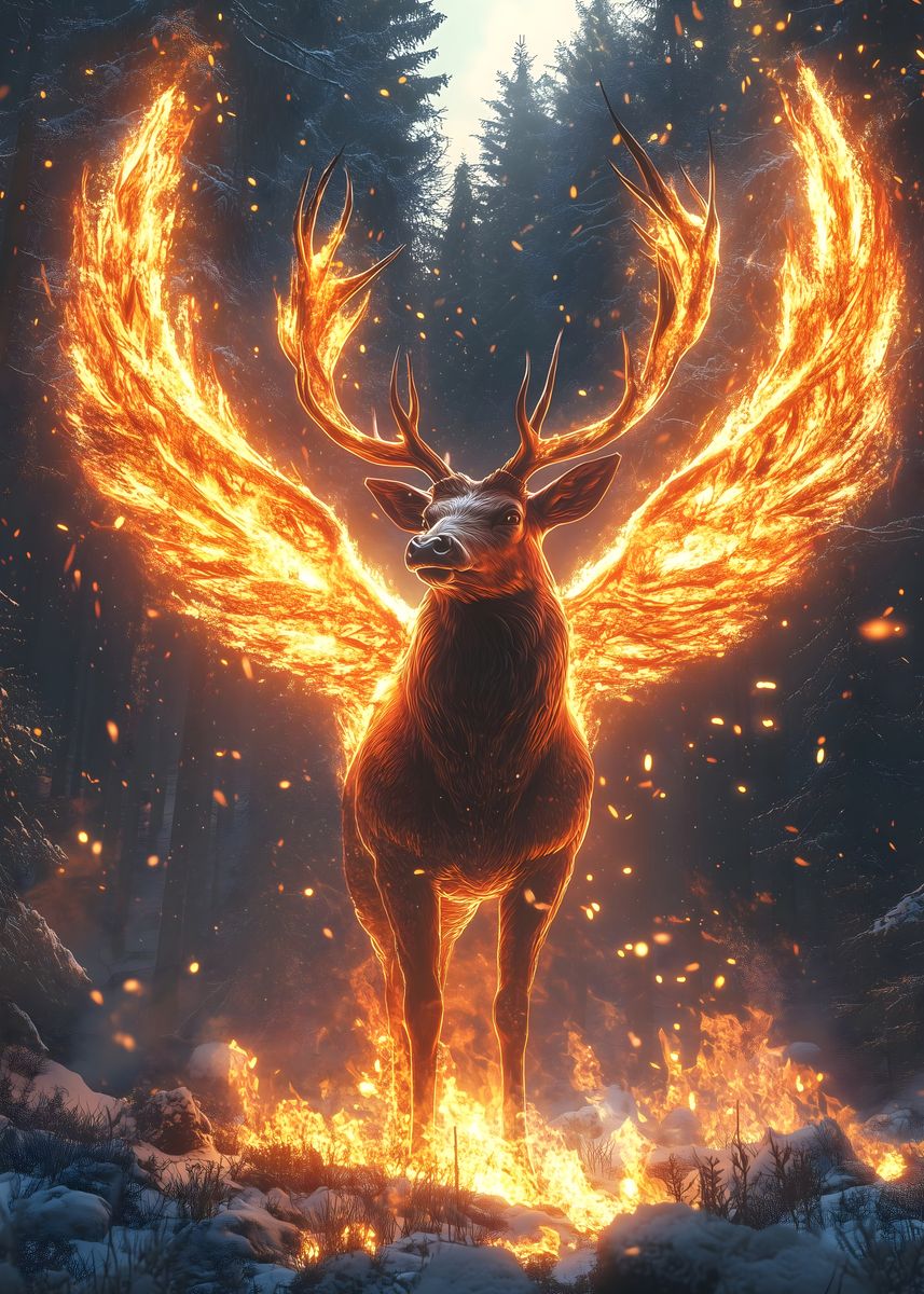 'Fiery Stag Phoenix Animal Hybrid' Poster, picture, metal print, paint ...