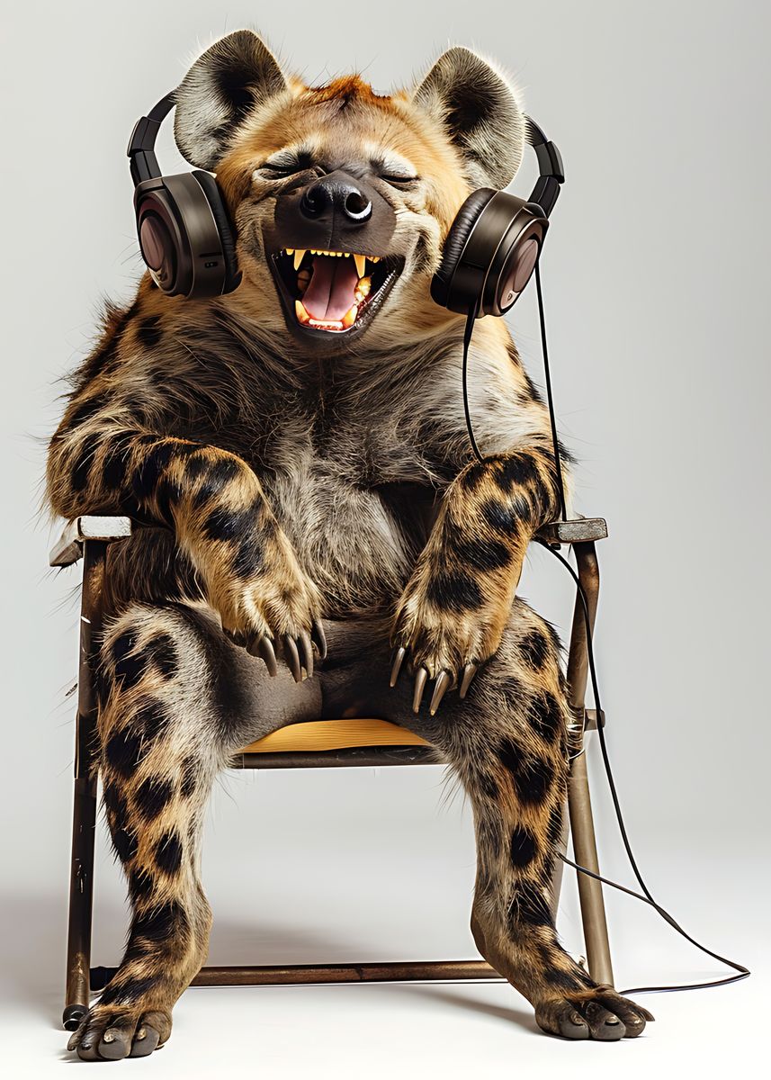 'Laughing Hyena with Headphones' Poster, picture, metal print, paint by ...