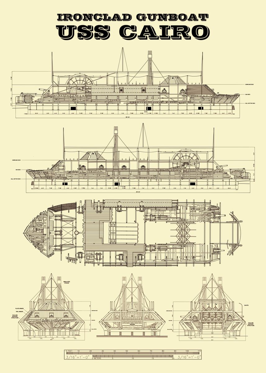 'USS Cairo Gunboat Blueprint' Poster, picture, metal print, paint by Sam Kal | Displate