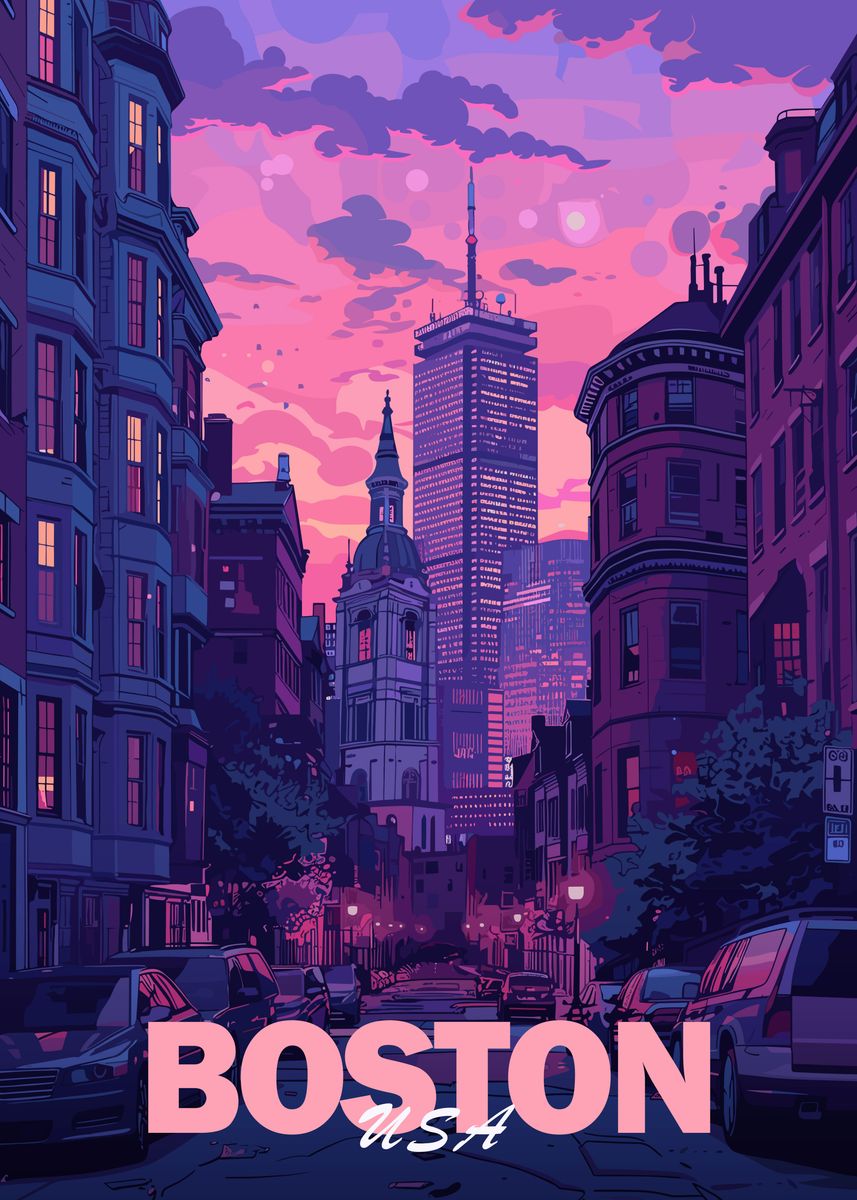 'Boston Cityscape Sunset' Poster, picture, metal print, paint by Adam ...