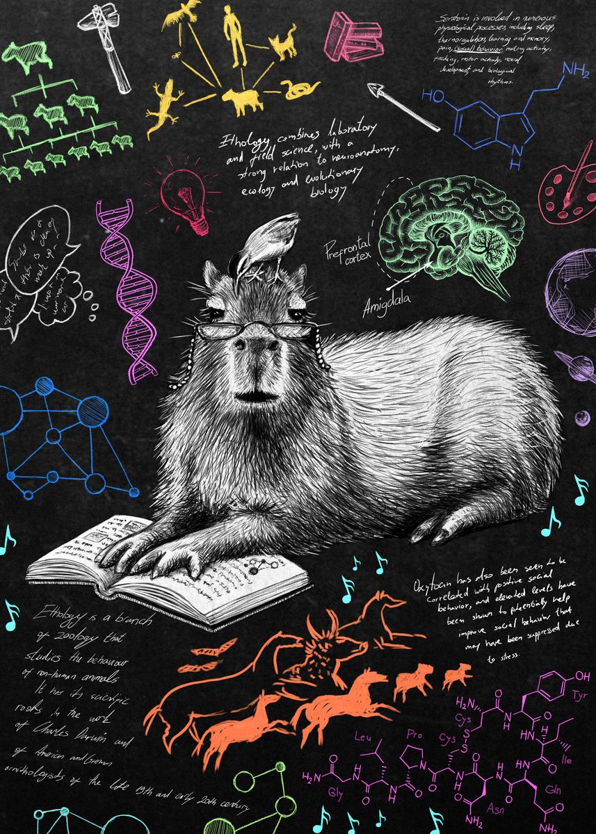 'Capybara Studying Ethology B' Poster, picture, metal print, paint by ...