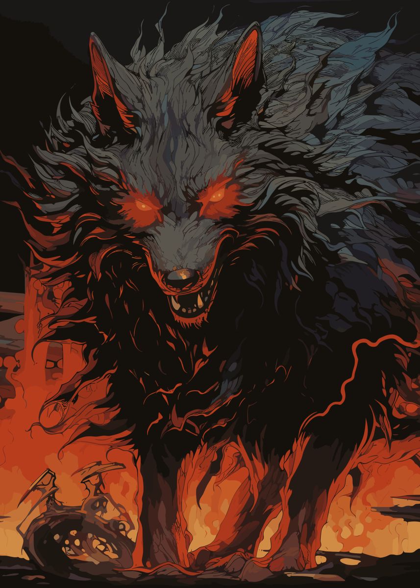 'Dark Fantasy Hellhound Fiery Wolf' Poster, picture, metal print, paint ...