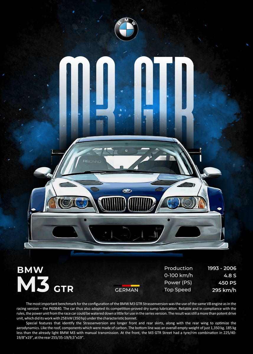 'BMW M3 GTR NFS Poster' Poster, picture, metal print, paint by Joko ...