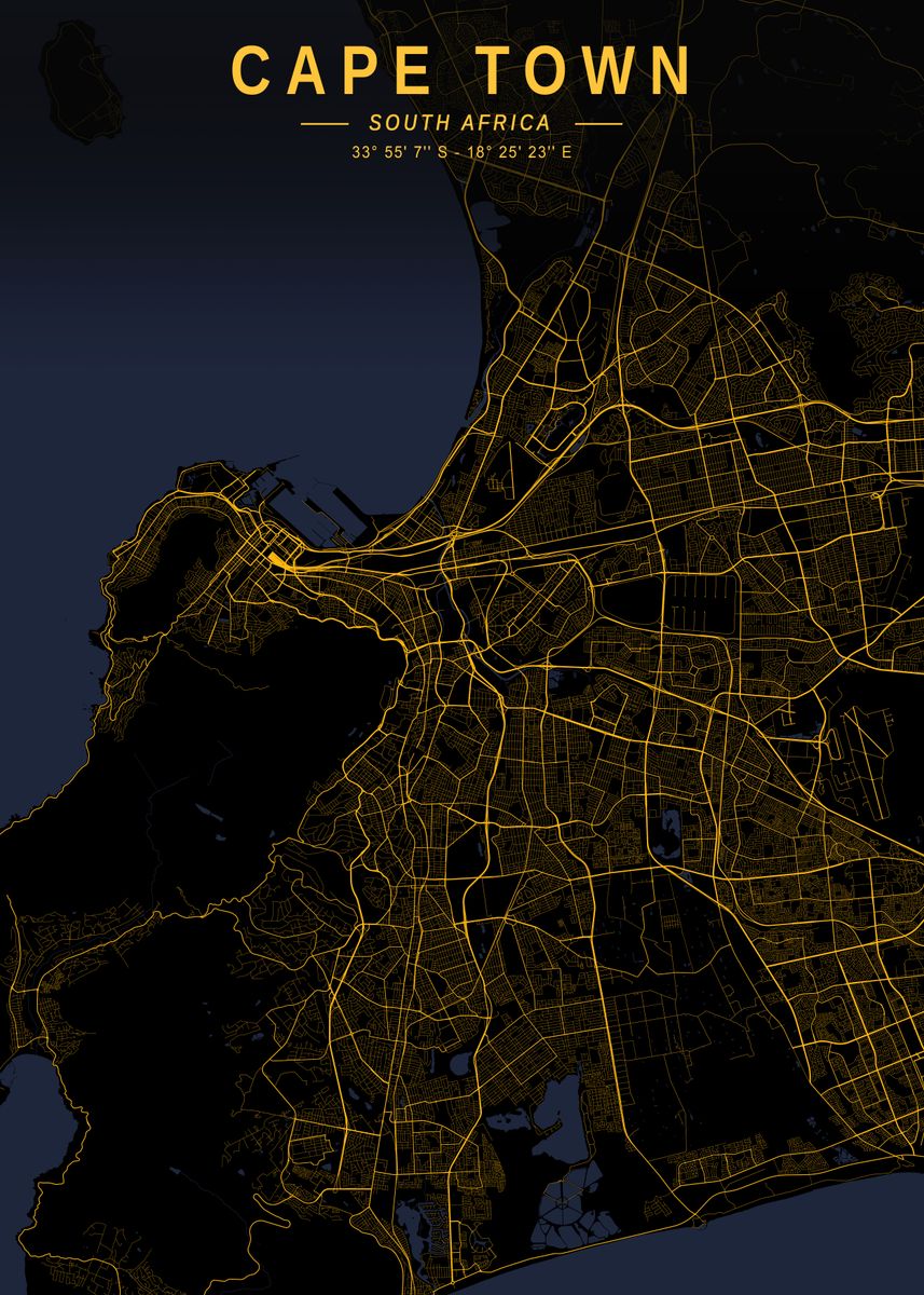 'Cape Town Golden City Map' Poster, picture, metal print, paint by ...