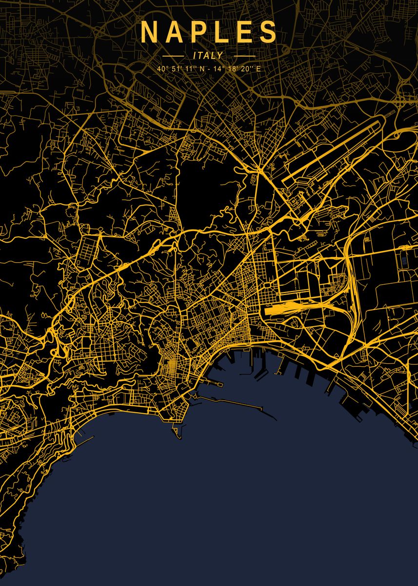 'Naples Golden City Map' Poster, picture, metal print, paint by ...