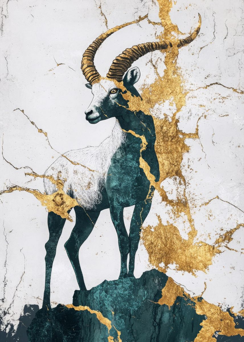 'Gold & Teal Mountain Goat' Poster, picture, metal print, paint by Doni ...