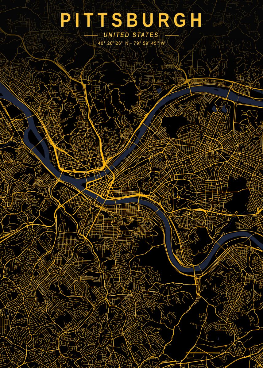 'Pittsburgh Golden City Map' Poster, picture, metal print, paint by ...