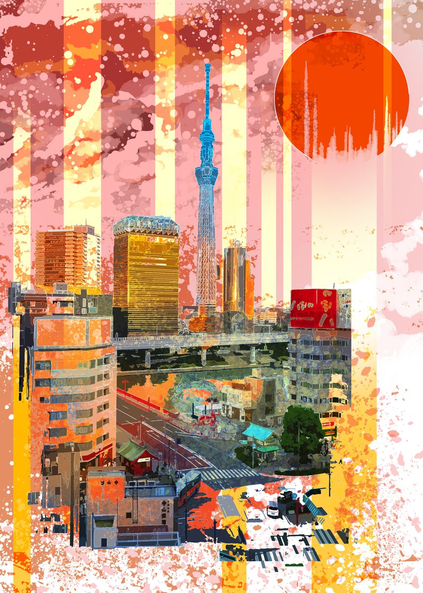 'Tokyo Skyline Sunset' Poster, picture, metal print, paint by | Displate