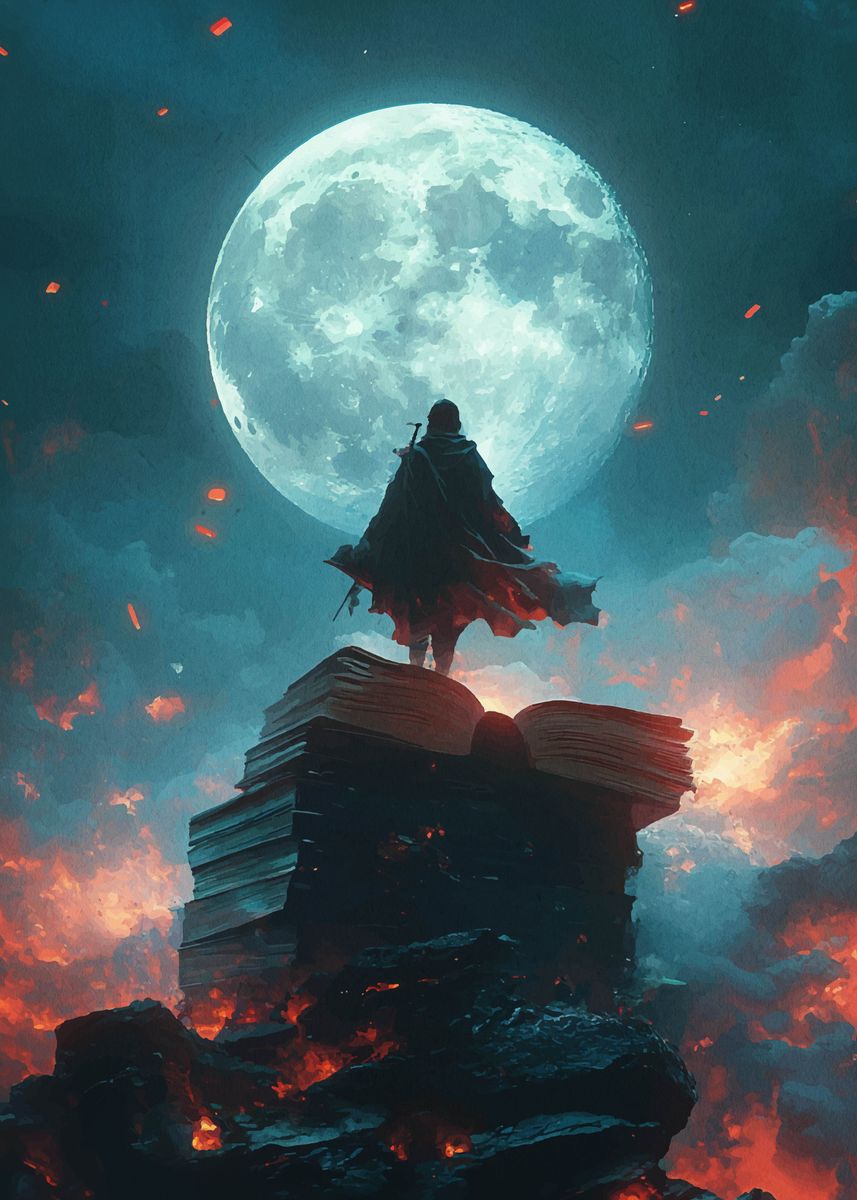 'Silhouette on Book Mountain' Poster, picture, metal print, paint by ...