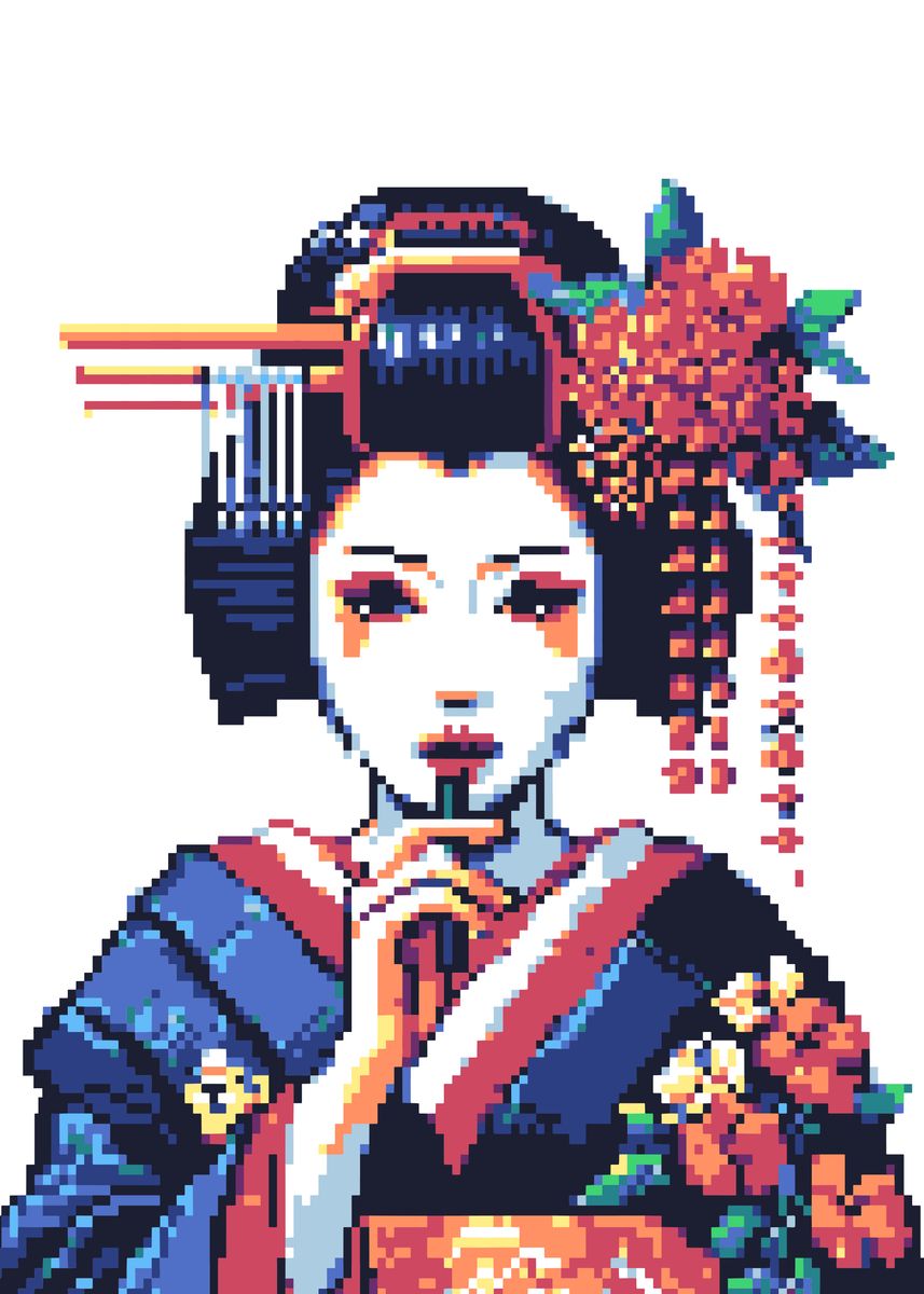 'Geisha Pixel Art' Poster, picture, metal print, paint by tao ga | Displate