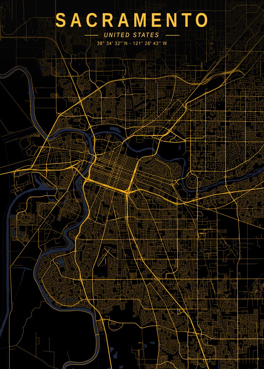 'Sacramento Golden City Map' Poster, picture, metal print, paint by ...