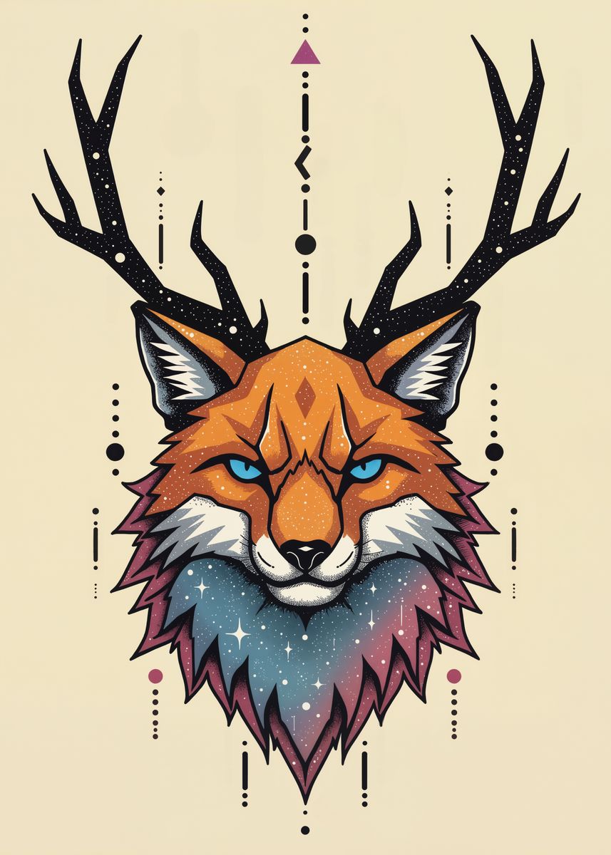 'Beautiful Fox with Antlers' Poster, picture, metal print, paint by ...