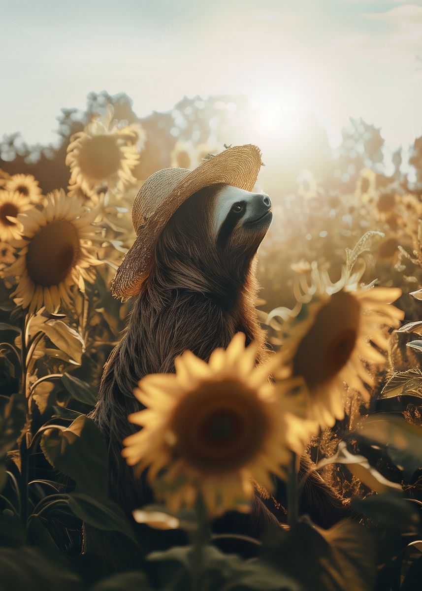 'Sloth in Sunflower Field - relax and meditate' Poster, picture, metal ...