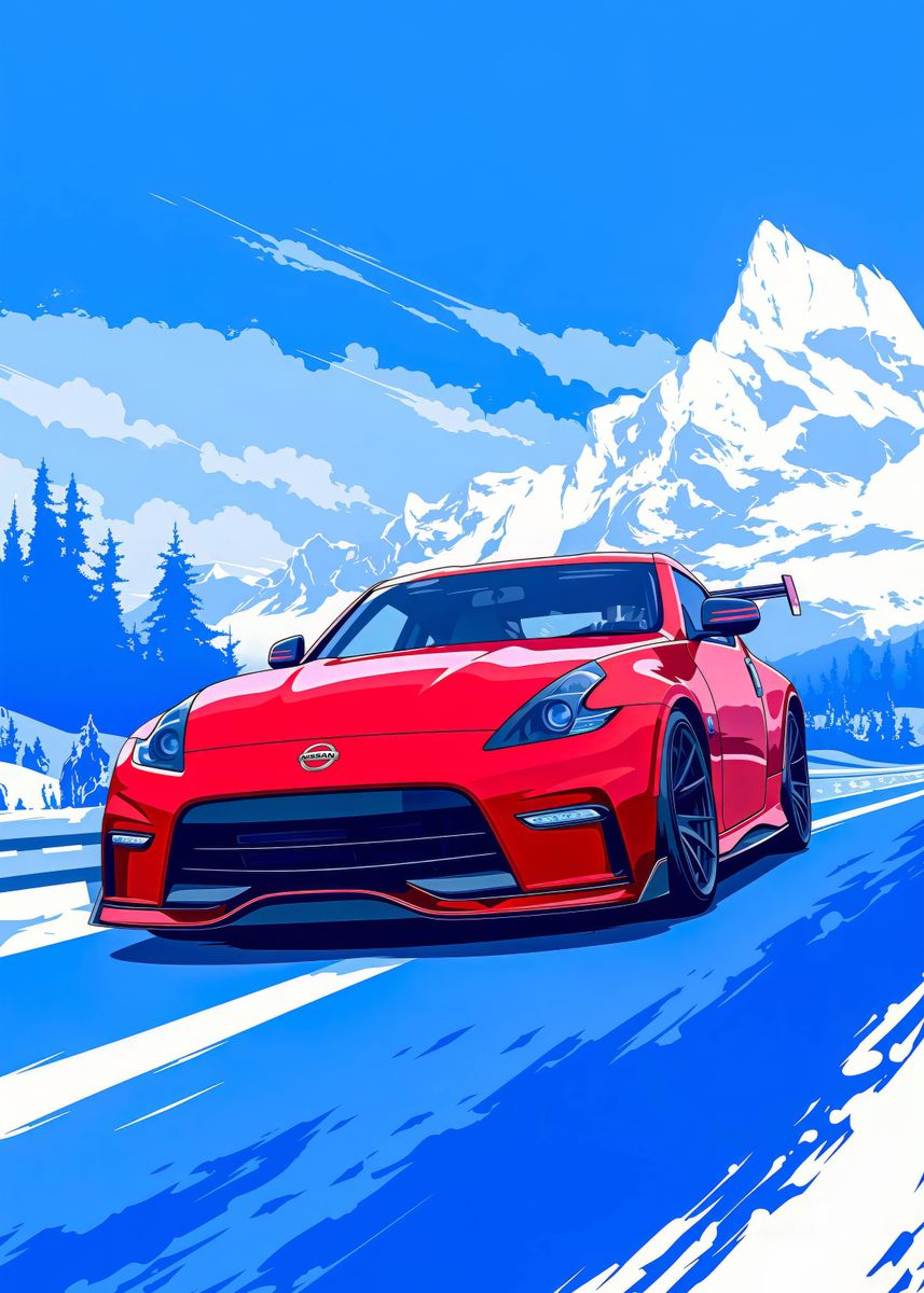 'Red Nissan 370Z on Mountain Road' Poster, picture, metal print, paint ...