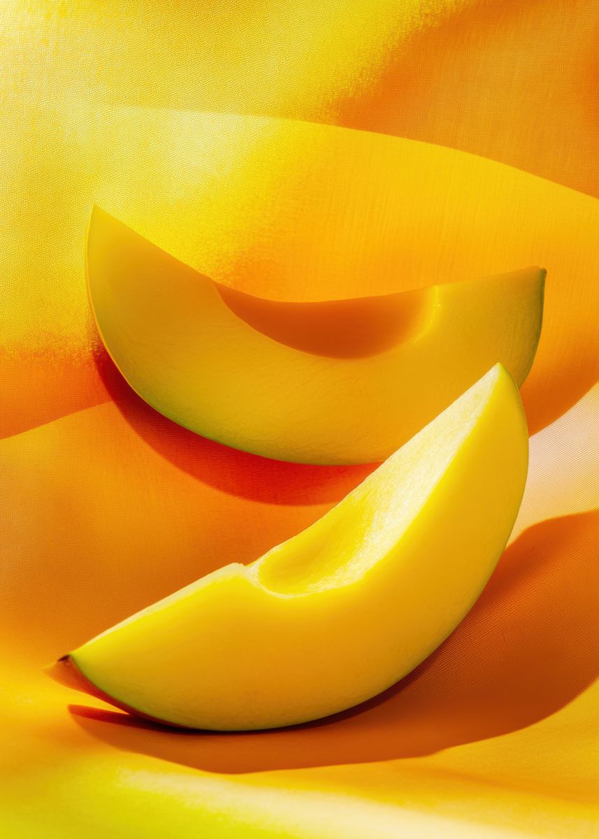 'Mango Slices on Yellow Fabric' Poster, picture, metal print, paint by ...