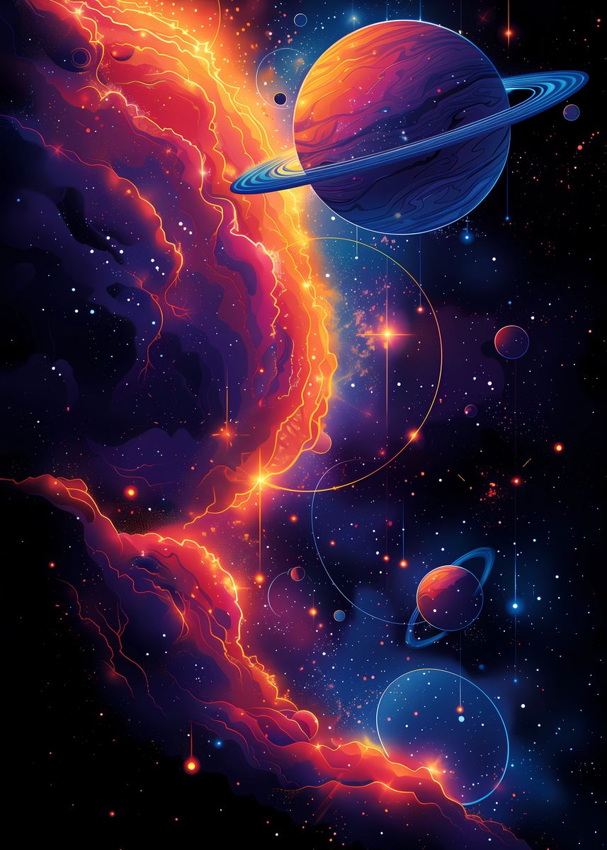 'Cosmic Nebula with Planets in Outer Space Neon Illustration Galaxy ...
