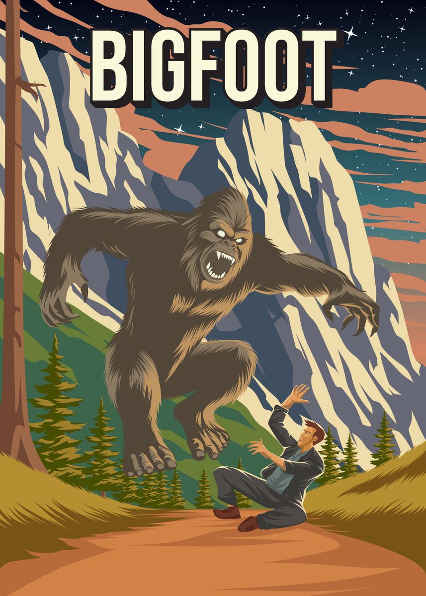 'Bigfoot Cryptid Minimal Retro Monster Travel Poster' Poster, picture, metal print, paint by ...